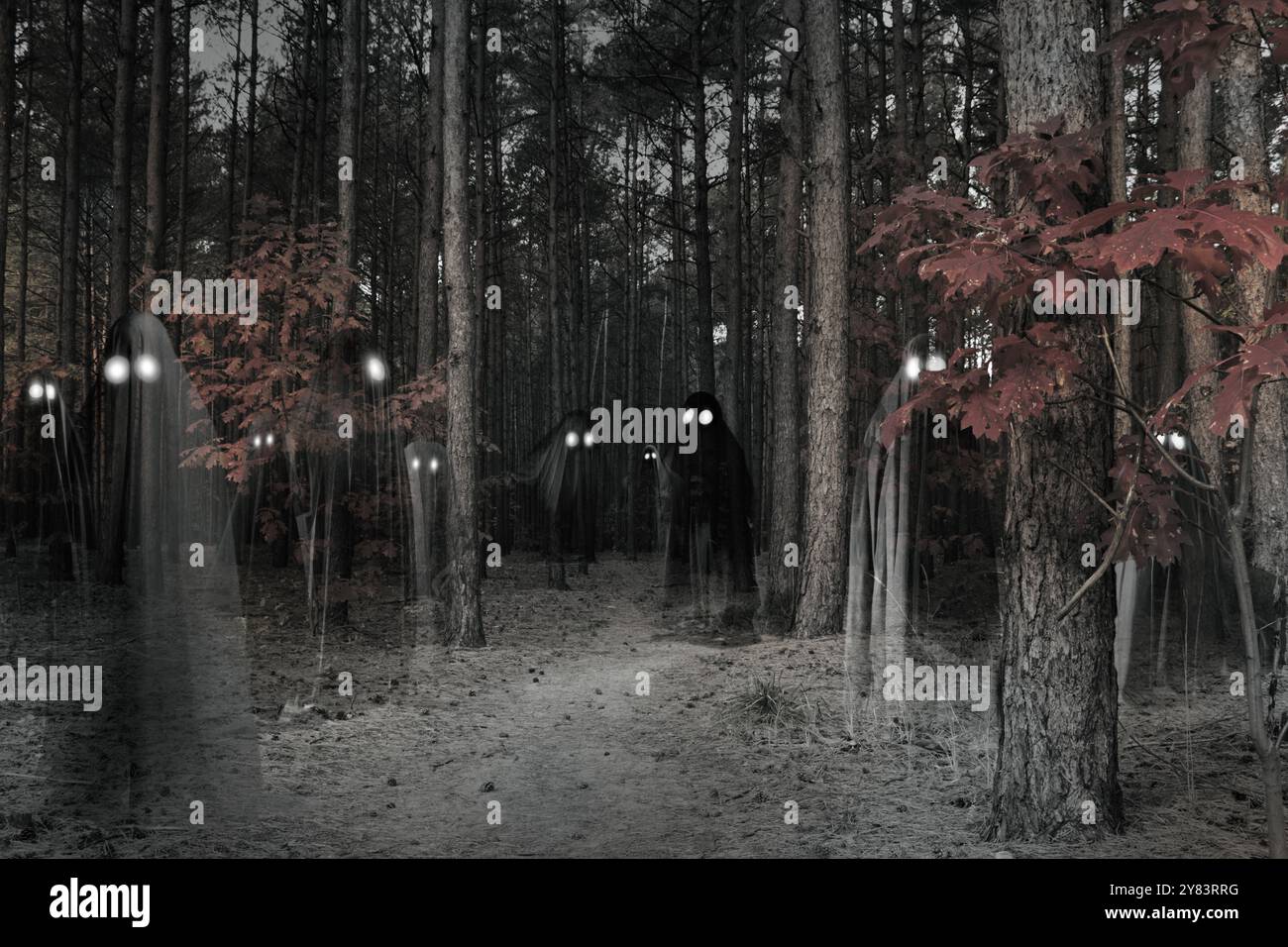 Creepy ghosts with glowing eyes among trees in forest Stock Photo - Alamy