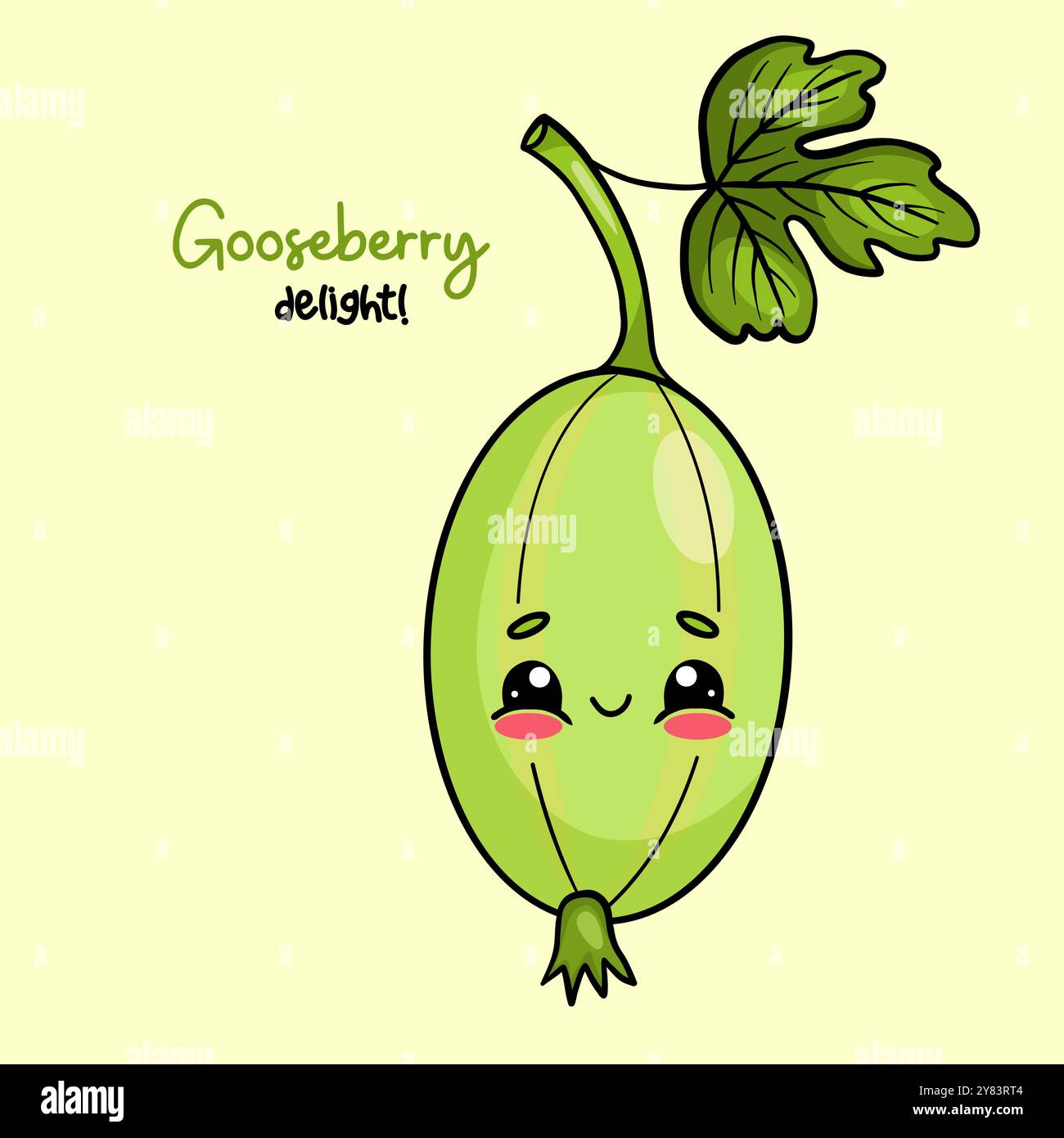 Cute Green gooseberry. Cartoon funny kawaii berry character. Card with ...