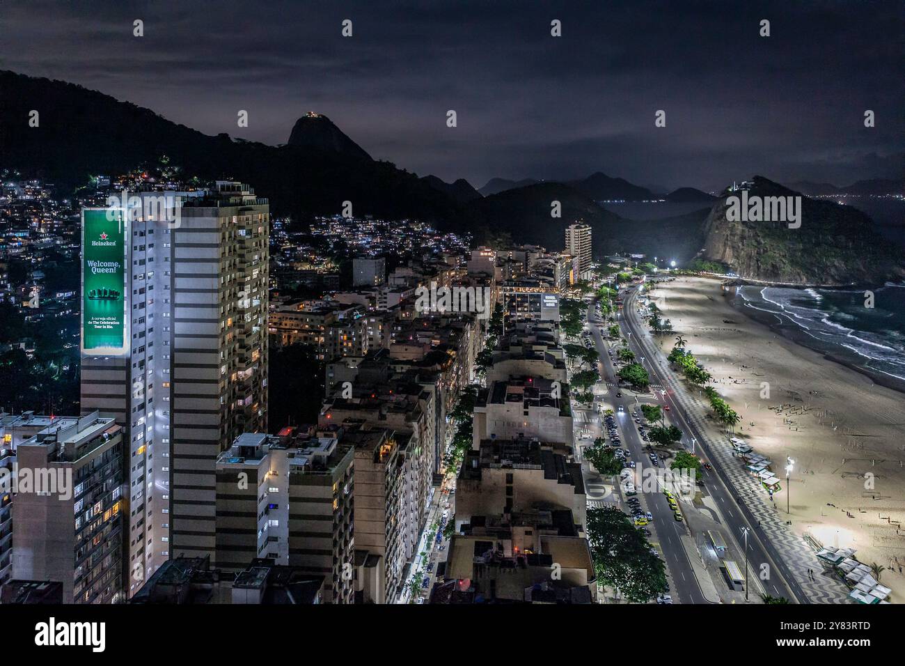 View of Copacabana beach and Sugarloaf Mountain at night, Rio de ...