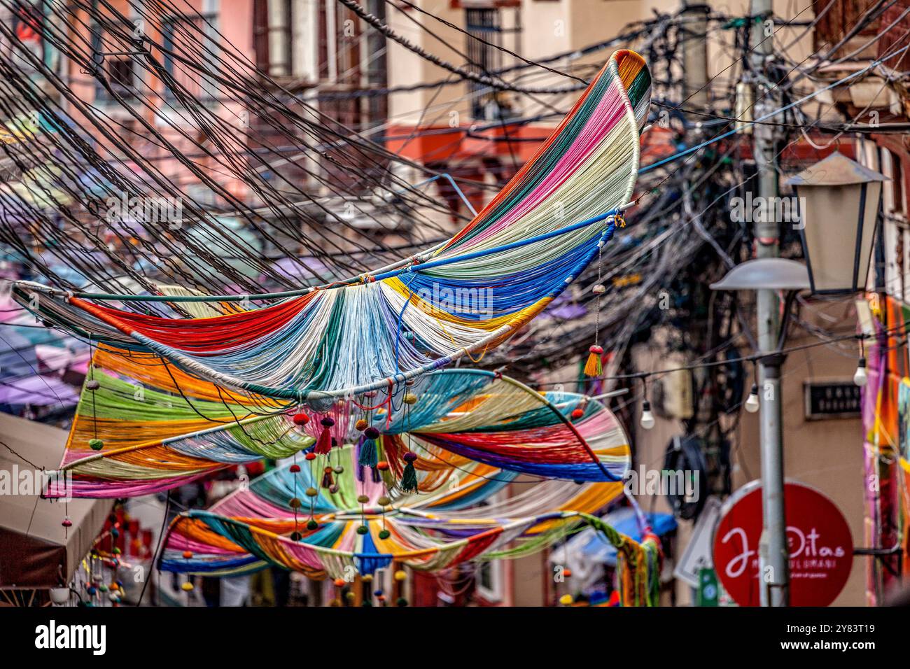 Colourful overhead street display in the Witches' Market, La Paz ...
