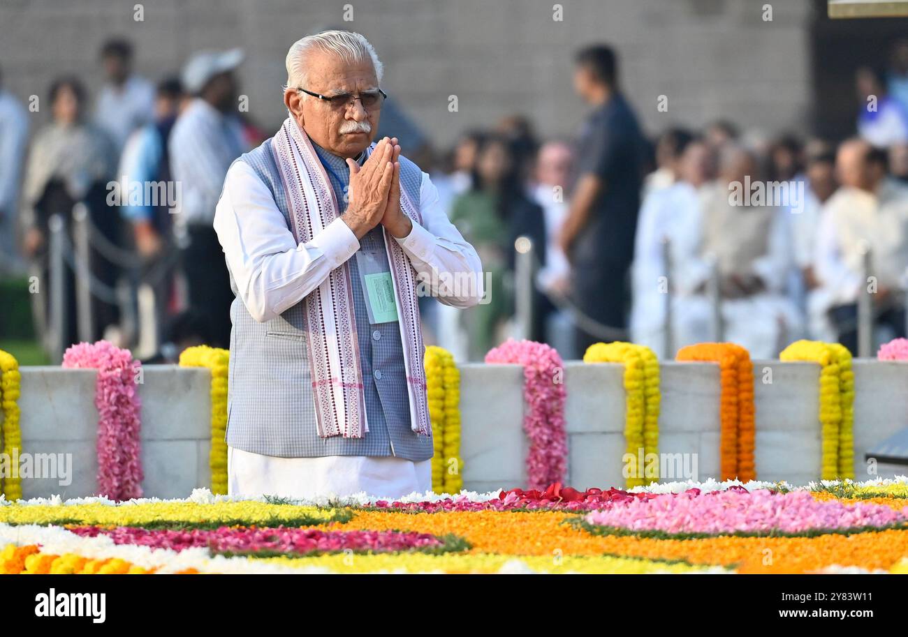 NEW DELHI, INDIA - OCTOBER 2: Union Minister Manohar Lal Khattar pays ...