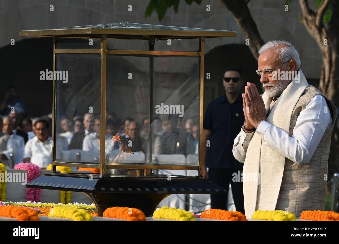 NEW DELHI, INDIA - OCTOBER 2: Prime Minister of India Narendra Modi pays tribute to Mahatma ...