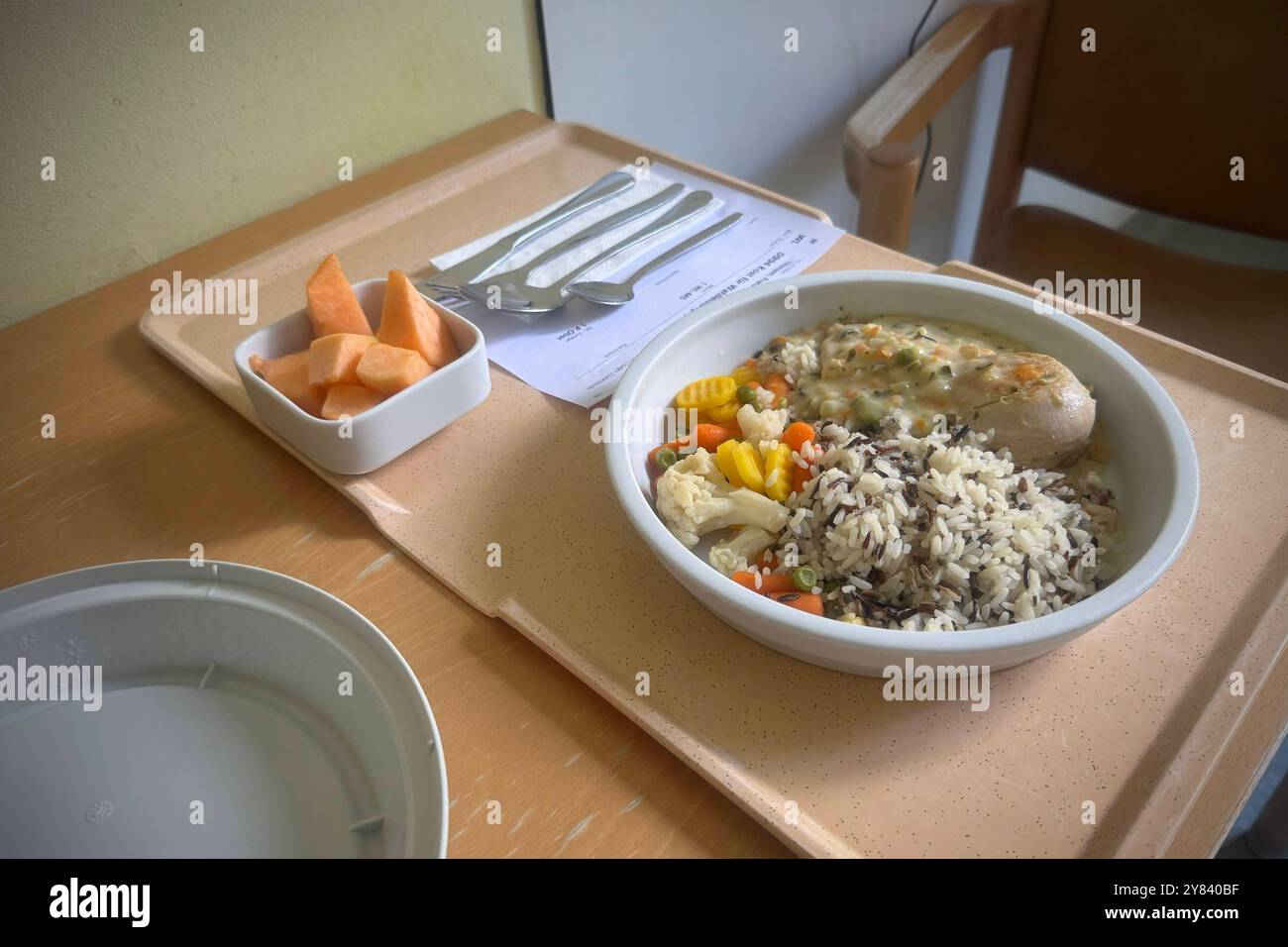 Krankenhaus Essen,Vollkost Menue, auf einem Tablett,Mittagessen ...