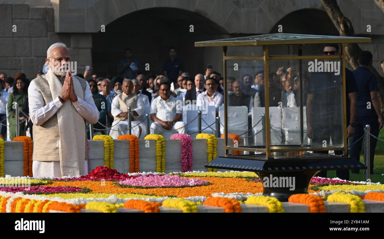 NEW DELHI, INDIA - OCTOBER 2: Prime Minister of India Narendra Modi pays tribute to Mahatma ...