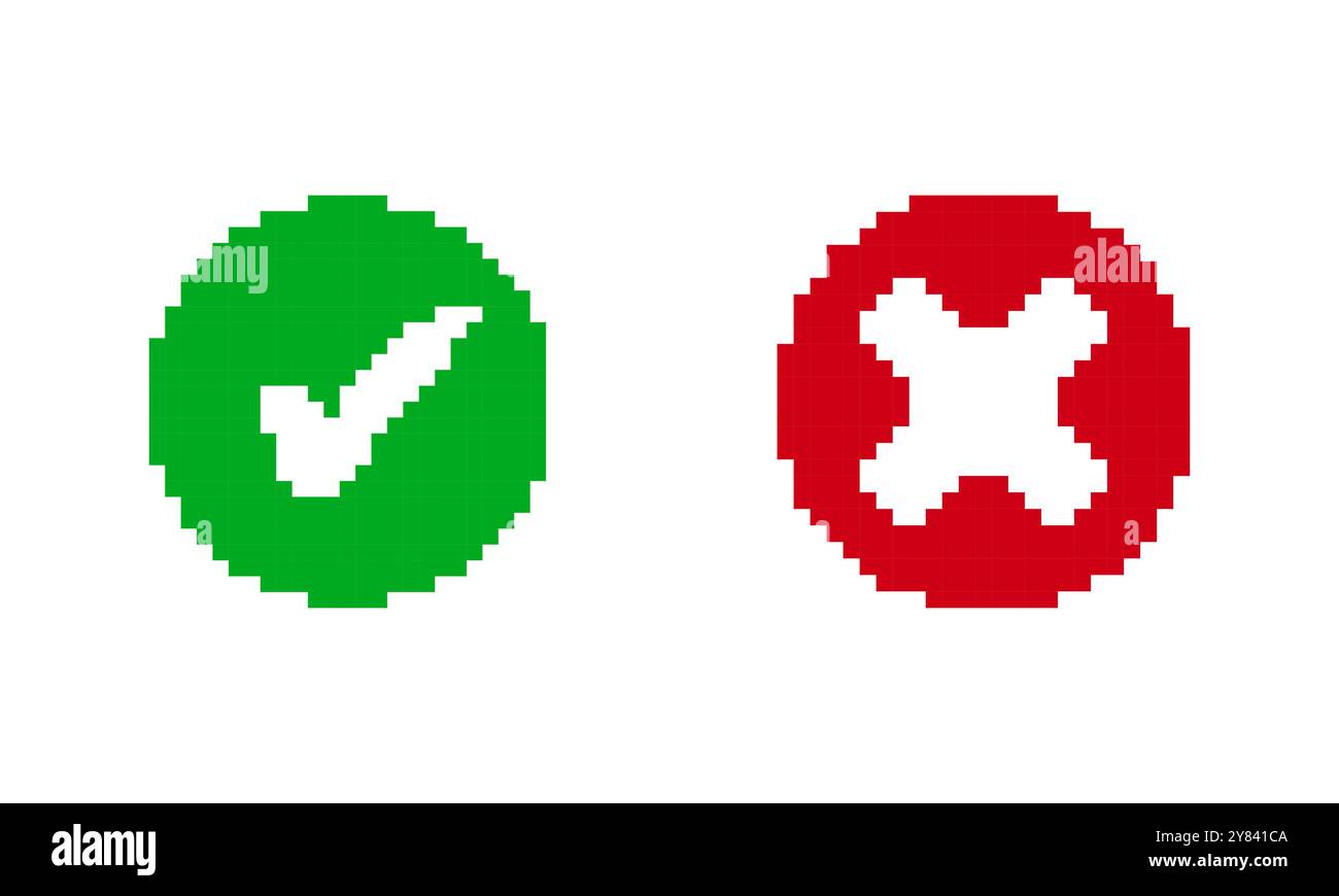Pixel Art Green Check and Red Cross Icon for Approval and Rejection in UI Design. Correct and ...