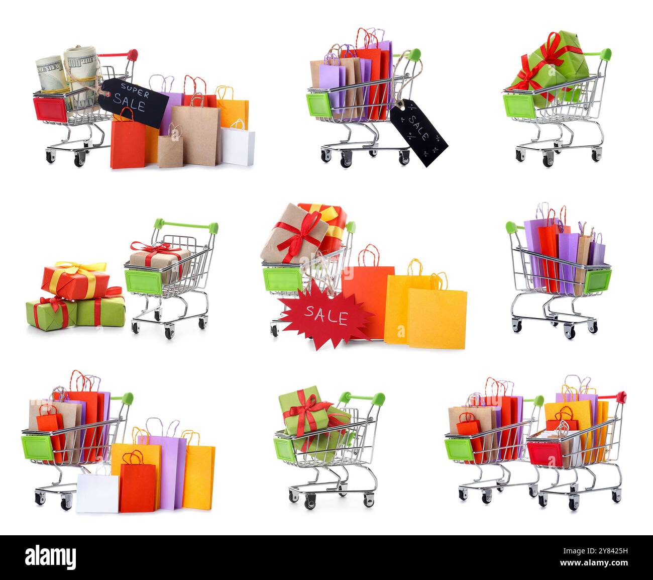 Set of shopping carts with gift boxes and bags on white background ...
