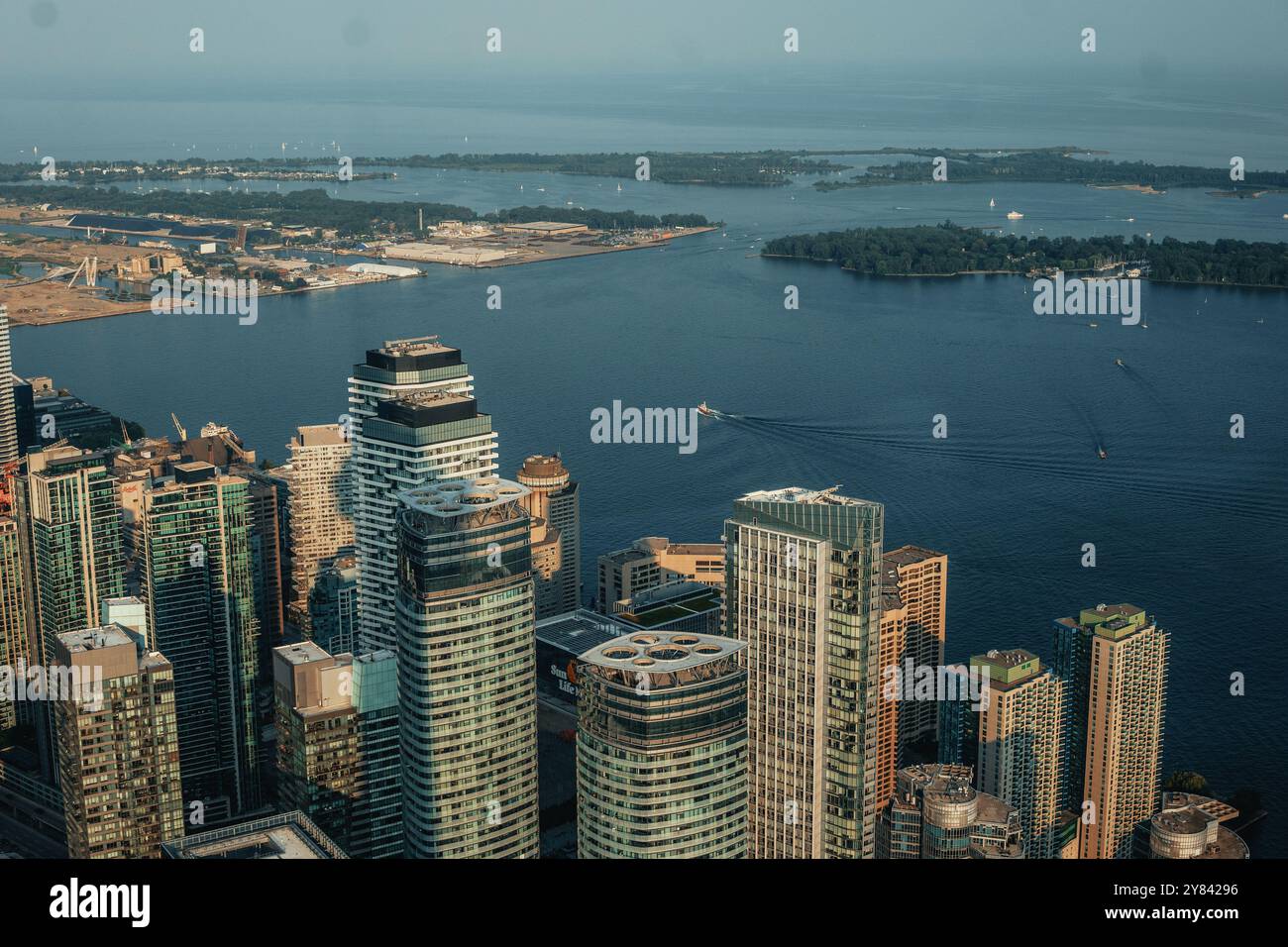Toronto city coastline along Lake Ontario, aerial shot from CN Tower ...