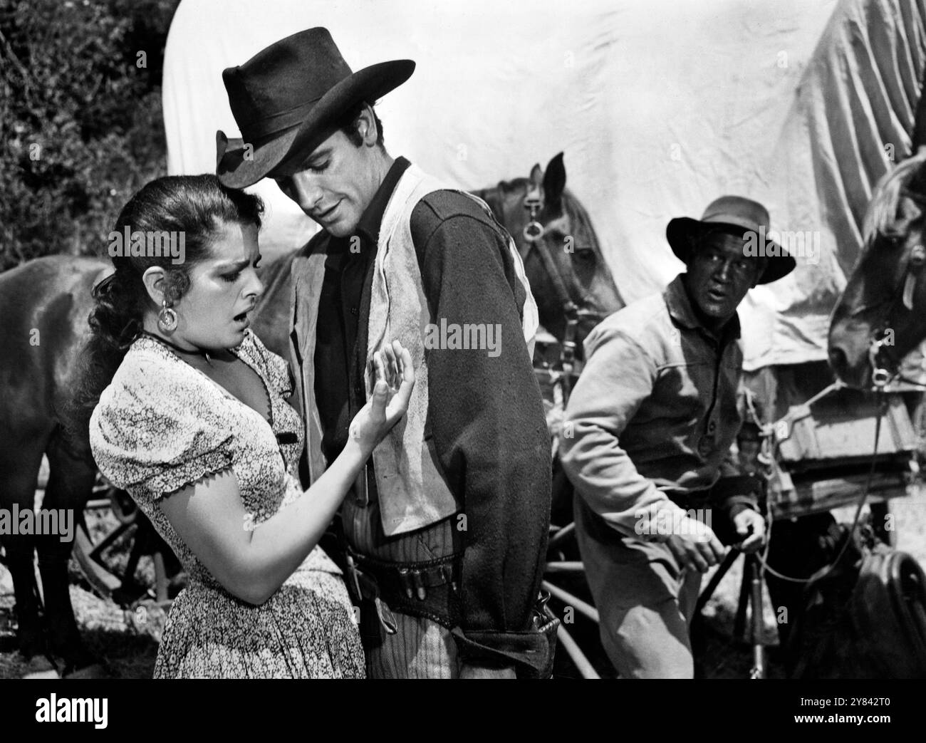 Beverly Tyler, James Best, on-set of the western film, "The Cimarron ...