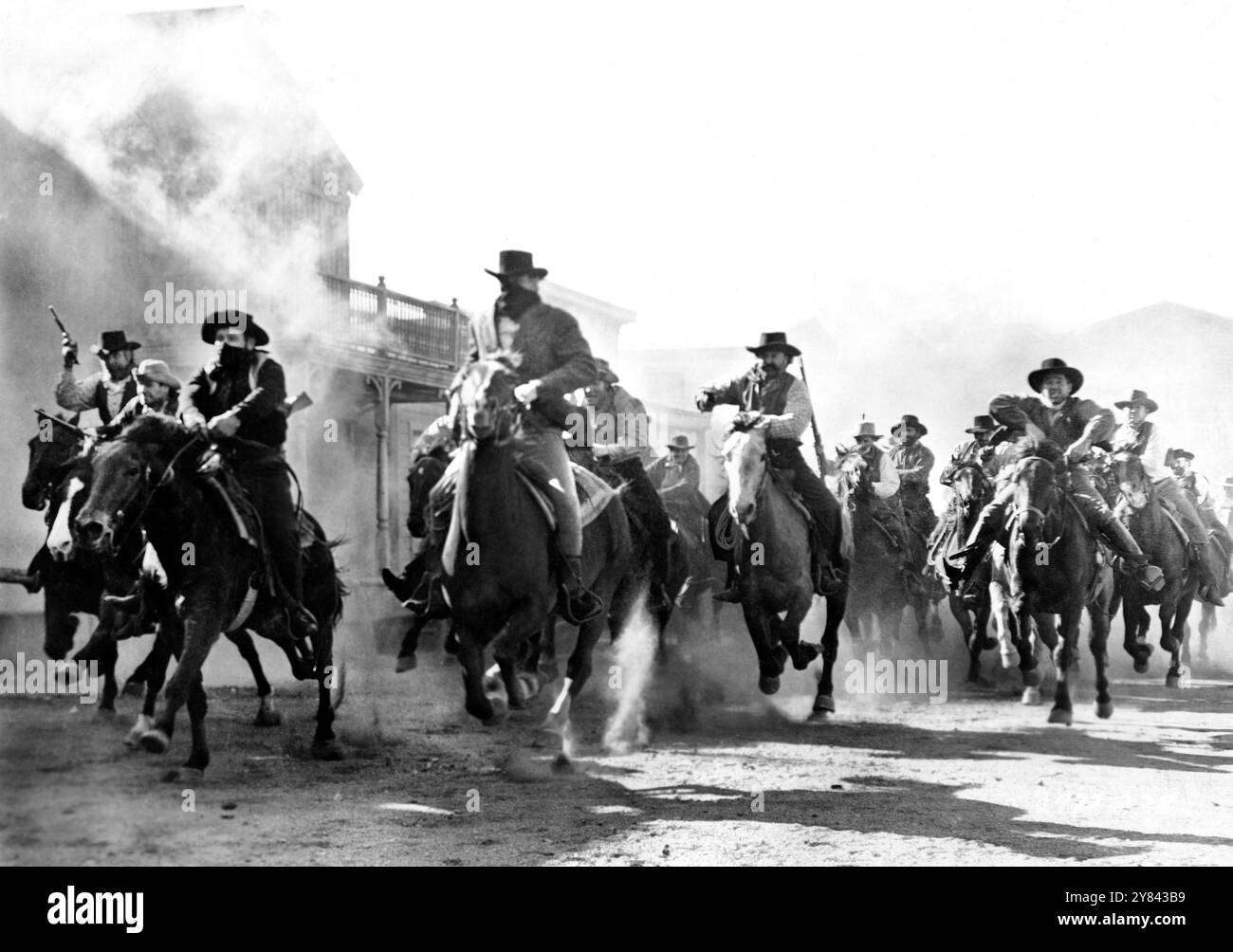 Gang of masked bandits on horseback, on-set of the western film, "Dark ...