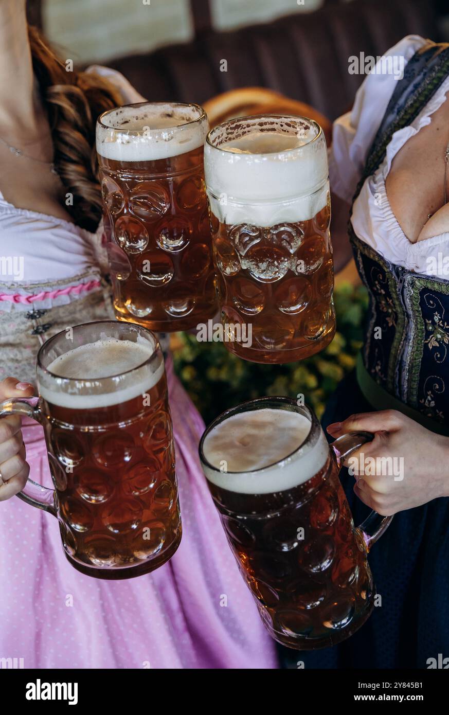 Women in traditional dirndl dresses toasting with beer mugs at ...