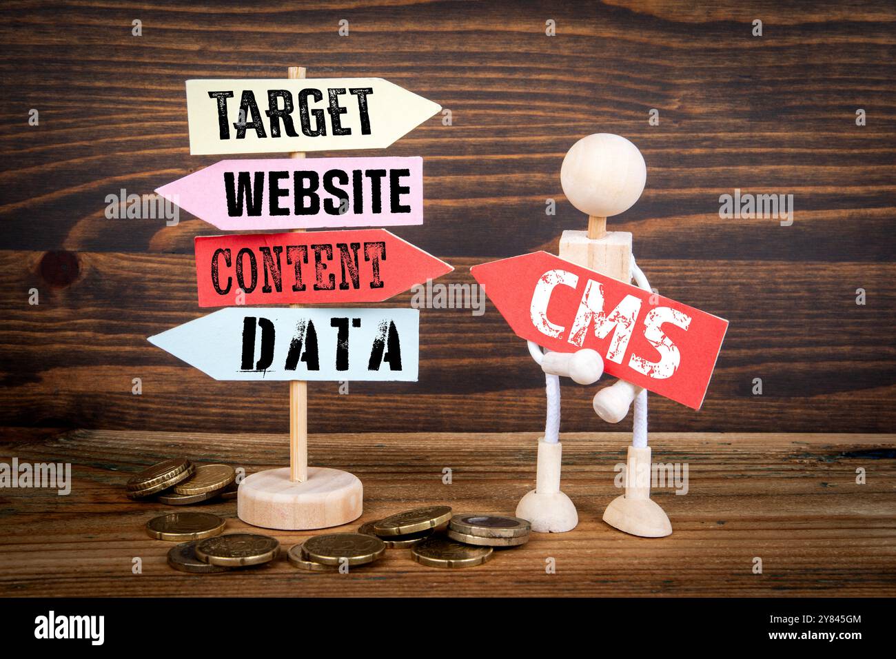 CMS Content Management Concept. Miniature road sign arrows on wood ...