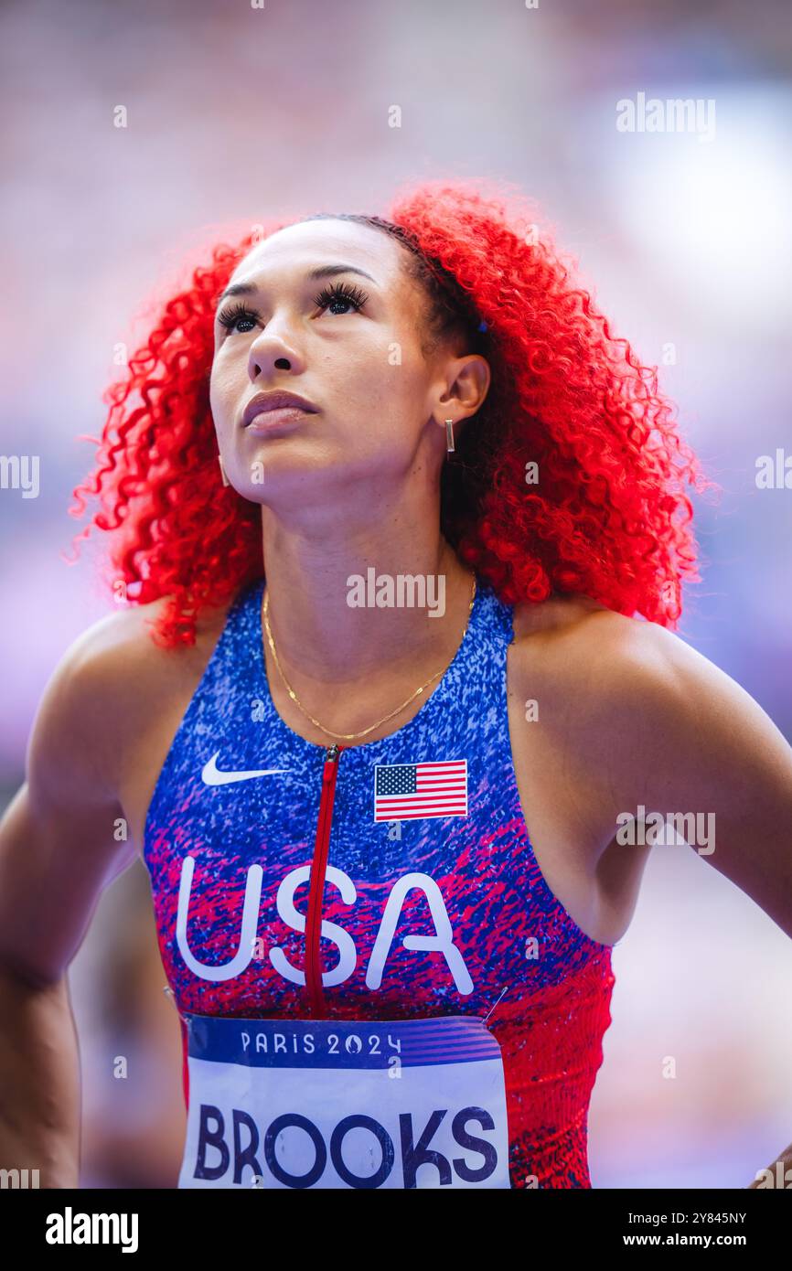 Taliyah Brooks participating in the Javelin Throw at the Paris 2024 ...