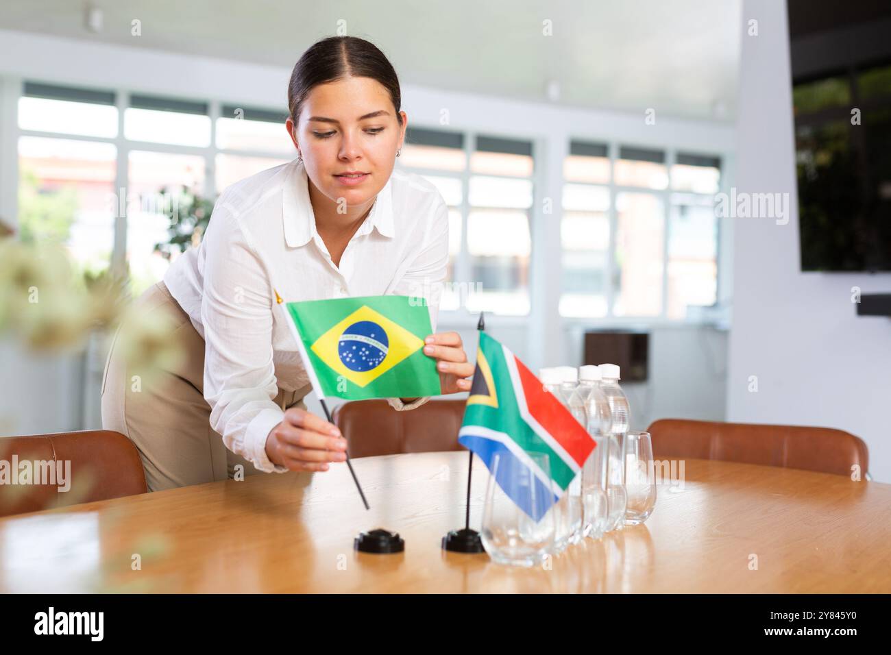Preparing for business negotiations - woman sets small flags of ...