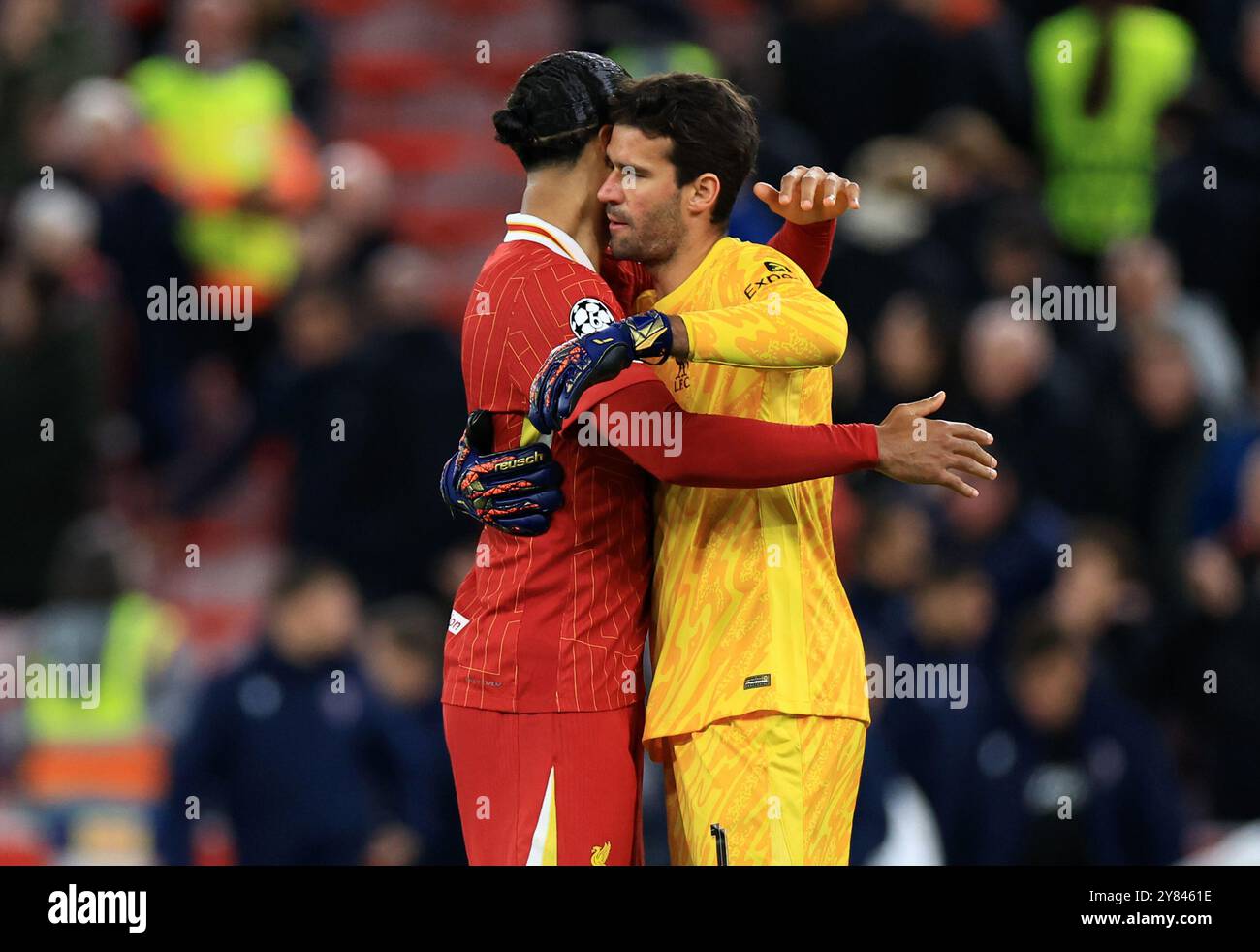 Liverpool, UK. 2nd Oct, 2024. Virgil van Dijk and Alisson Becker of ...