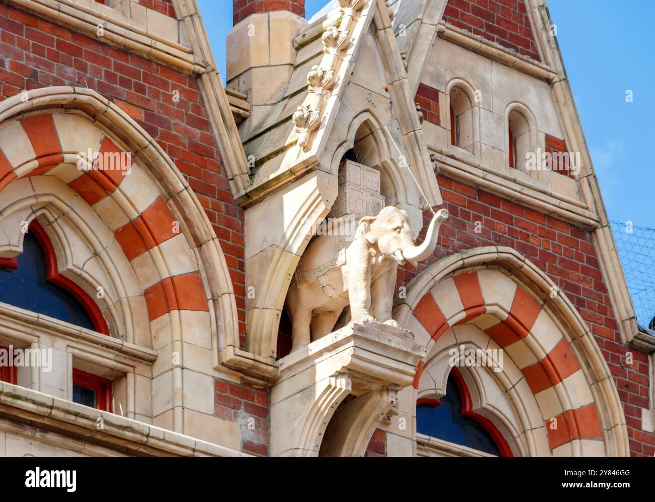 Detail of ornate gothic elephant tearooms building facade with ...