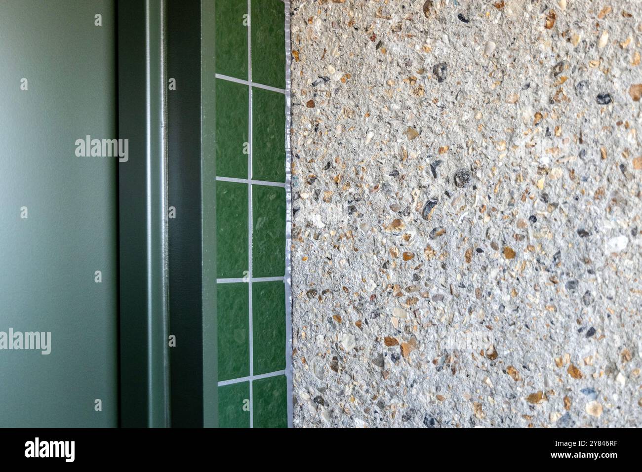 Detail of hallway inside the renovated brutalist residential high-rise ...