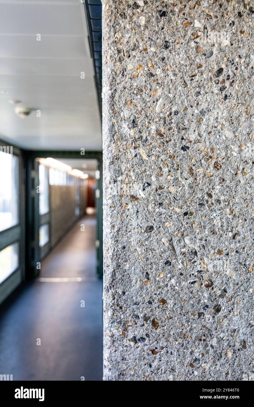 Detail of hallway inside the renovated brutalist residential high-rise ...