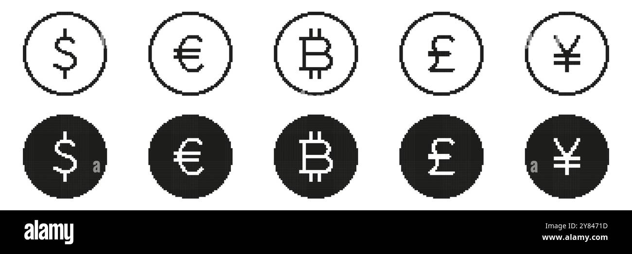 Pixel Art Dollar Euro And Bitcoin Icons Set Retro Style Pixelated Currency Circular Symbols
