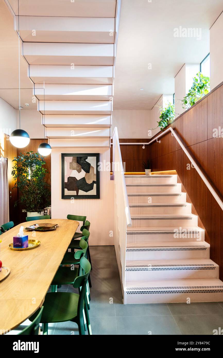 Interior of a renovated communal space inside the service tower of ...