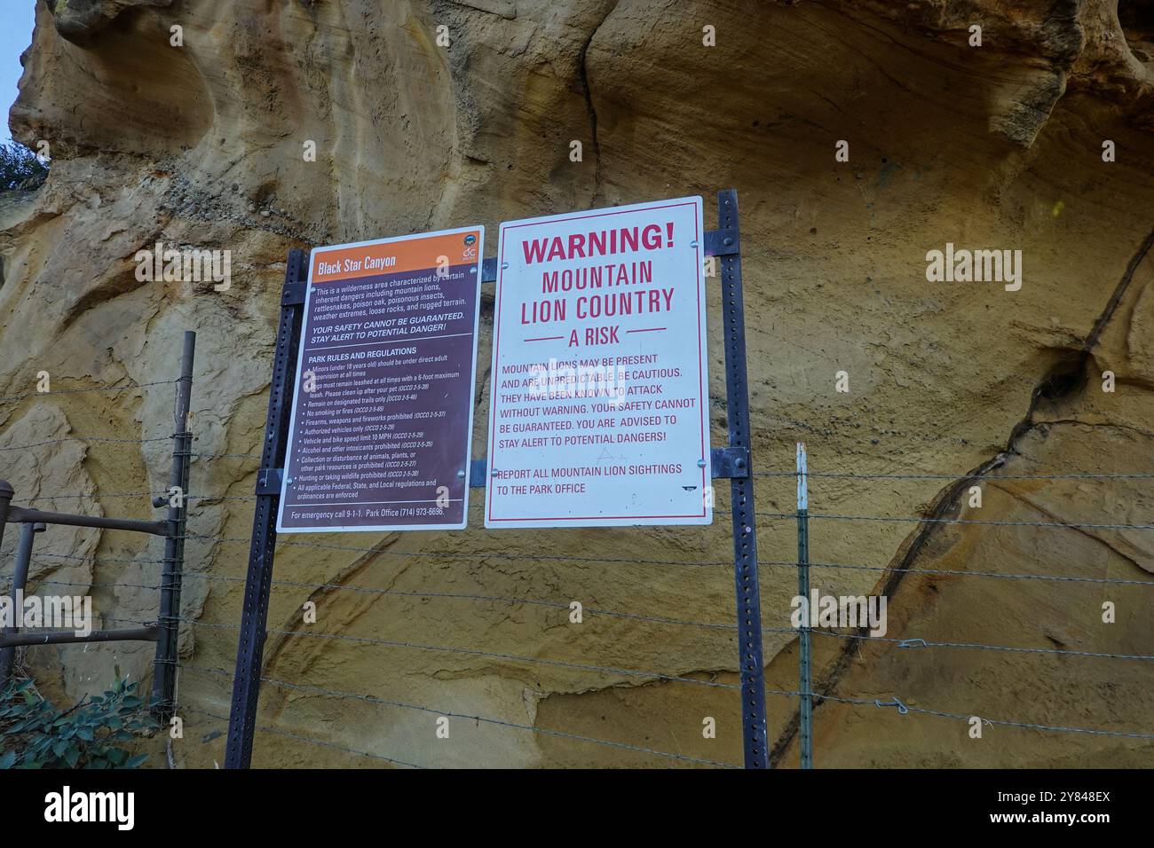 Black Star Canyon mountain lion warnings and other information signs at ...