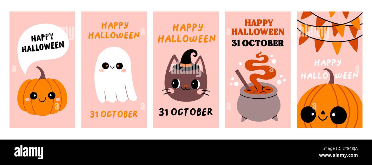 Halloween poster set. Trendy flat style and funny characters. Cute ...
