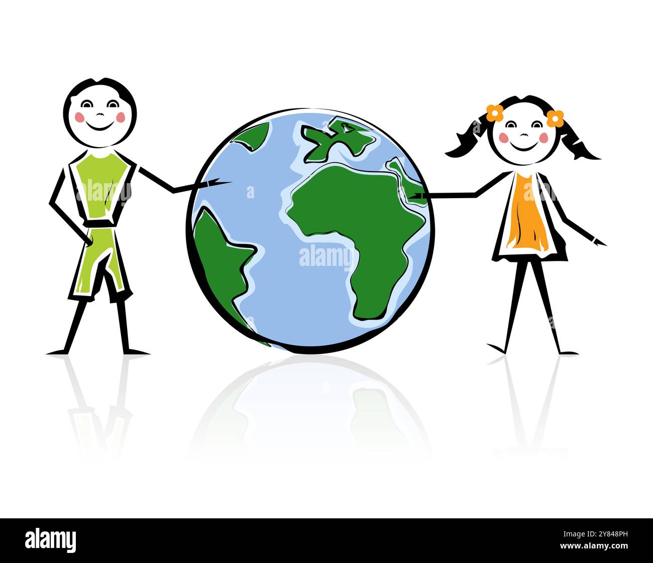 Two happy children holding a globe illustration. The concept of peace ...