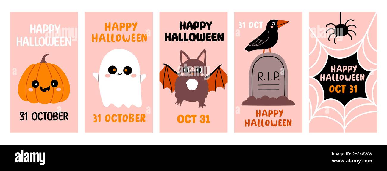 Halloween poster set. Trendy flat style and funny characters. Cute ...