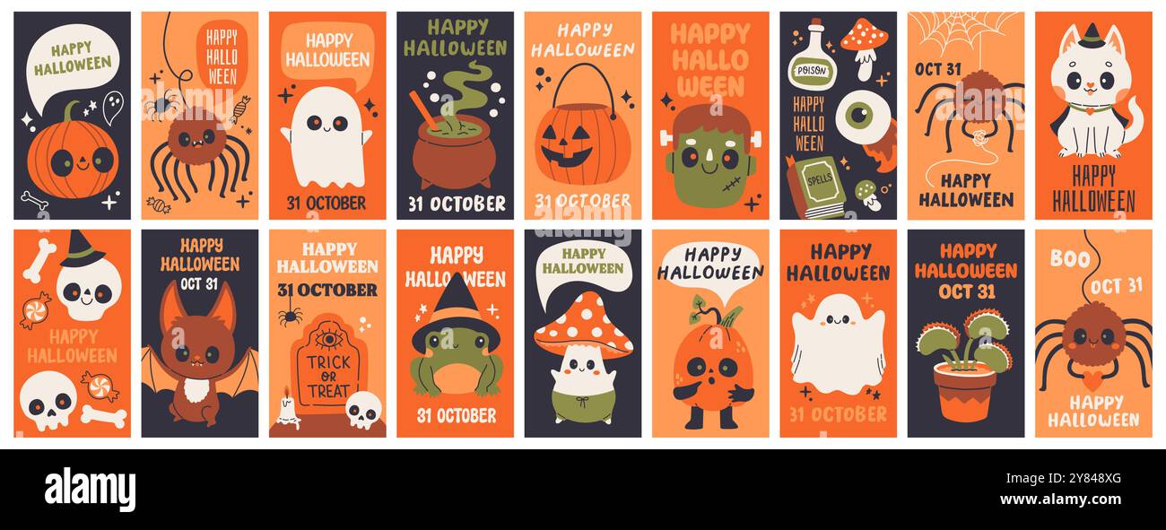 Halloween poster big set. Trendy flat style and funny characters. Cute ...