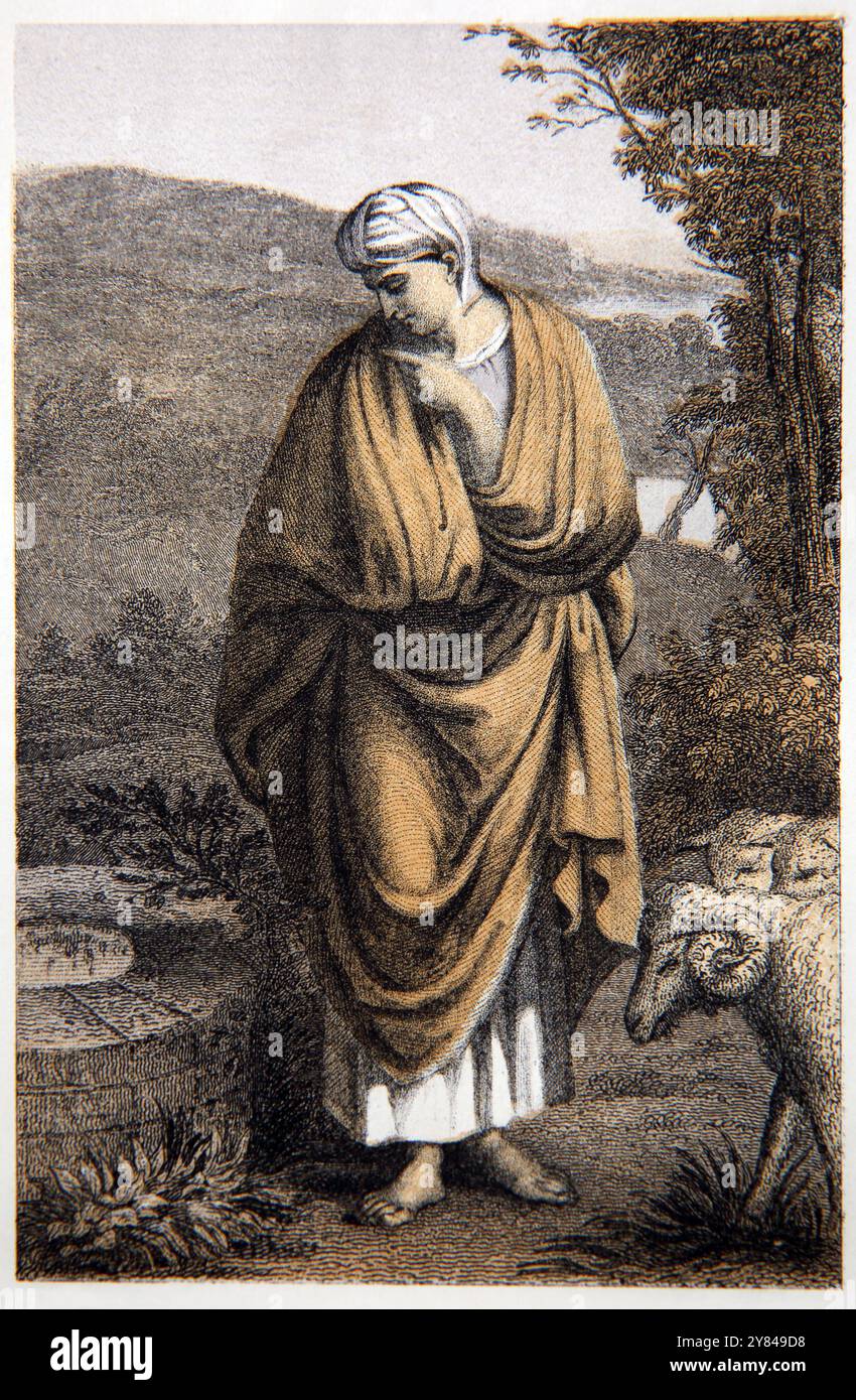 Illustration of Rachel by the Well with Sheep from 1776 Edition of The ...