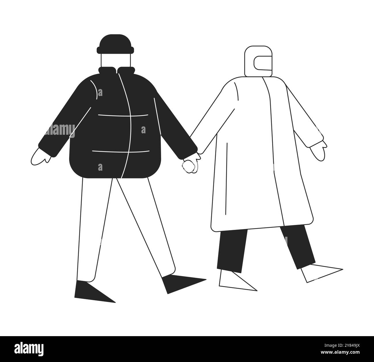 Winter outerwear couple holding hands black and white 2D line characters Stock Vector Image ...