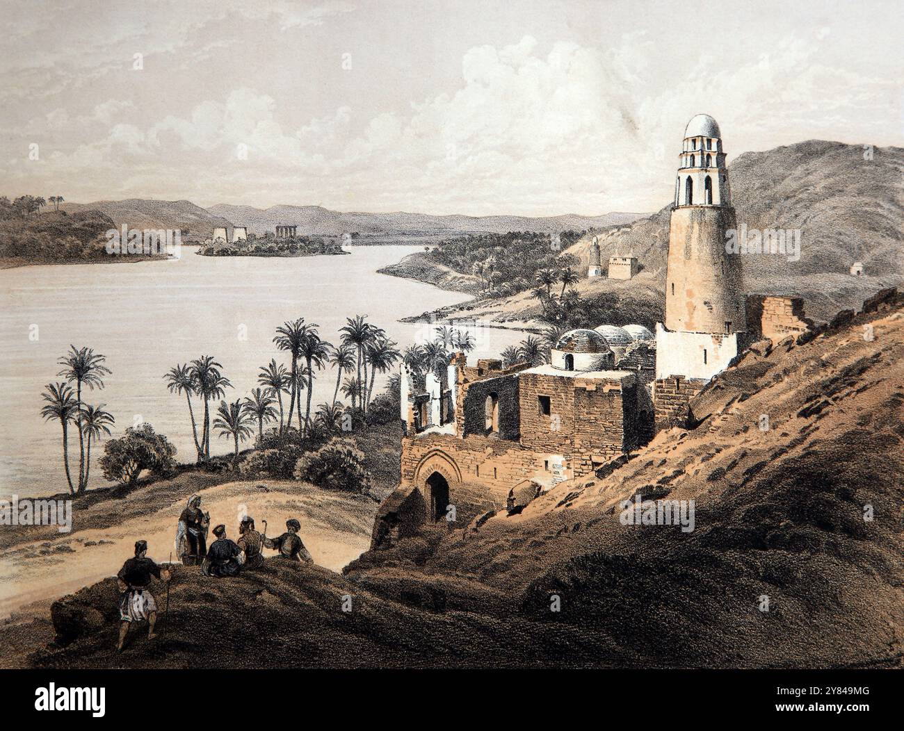 Hand tinted Engraving of the View of the Nile and the ruined Mosque of ...