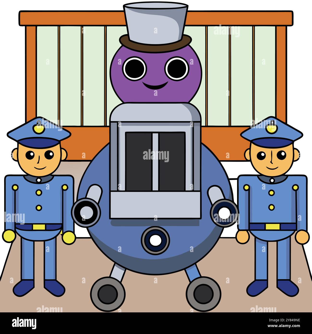 A playful illustration of a purple alien in a top hat. guarded by two ...