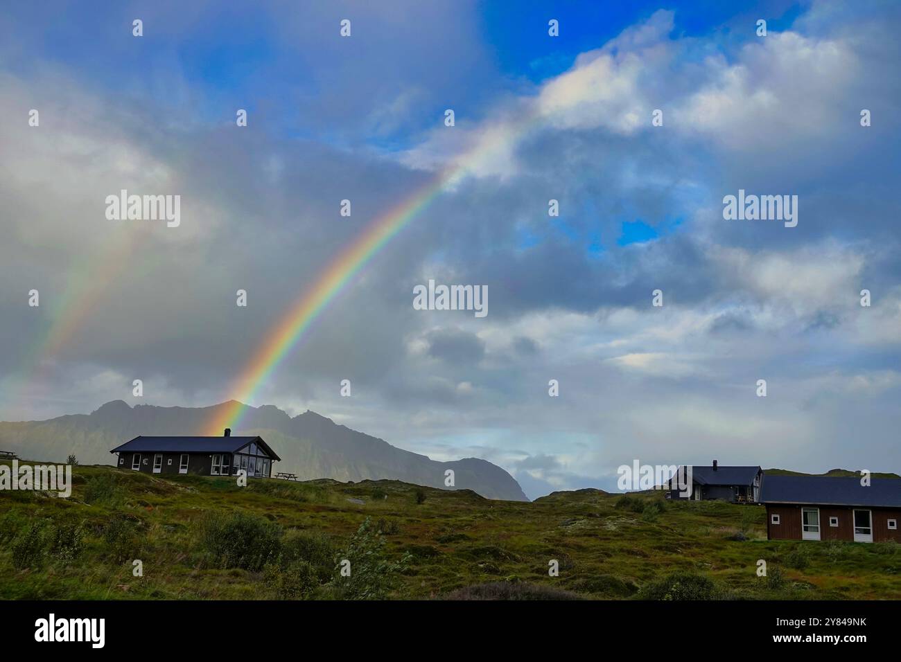 14th September, 2024 Lofoten Islands, Norway A double rainbow shows ...