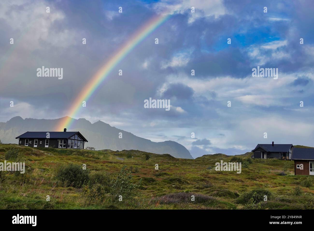 14th September, 2024 Lofoten Islands, Norway A double rainbow shows ...