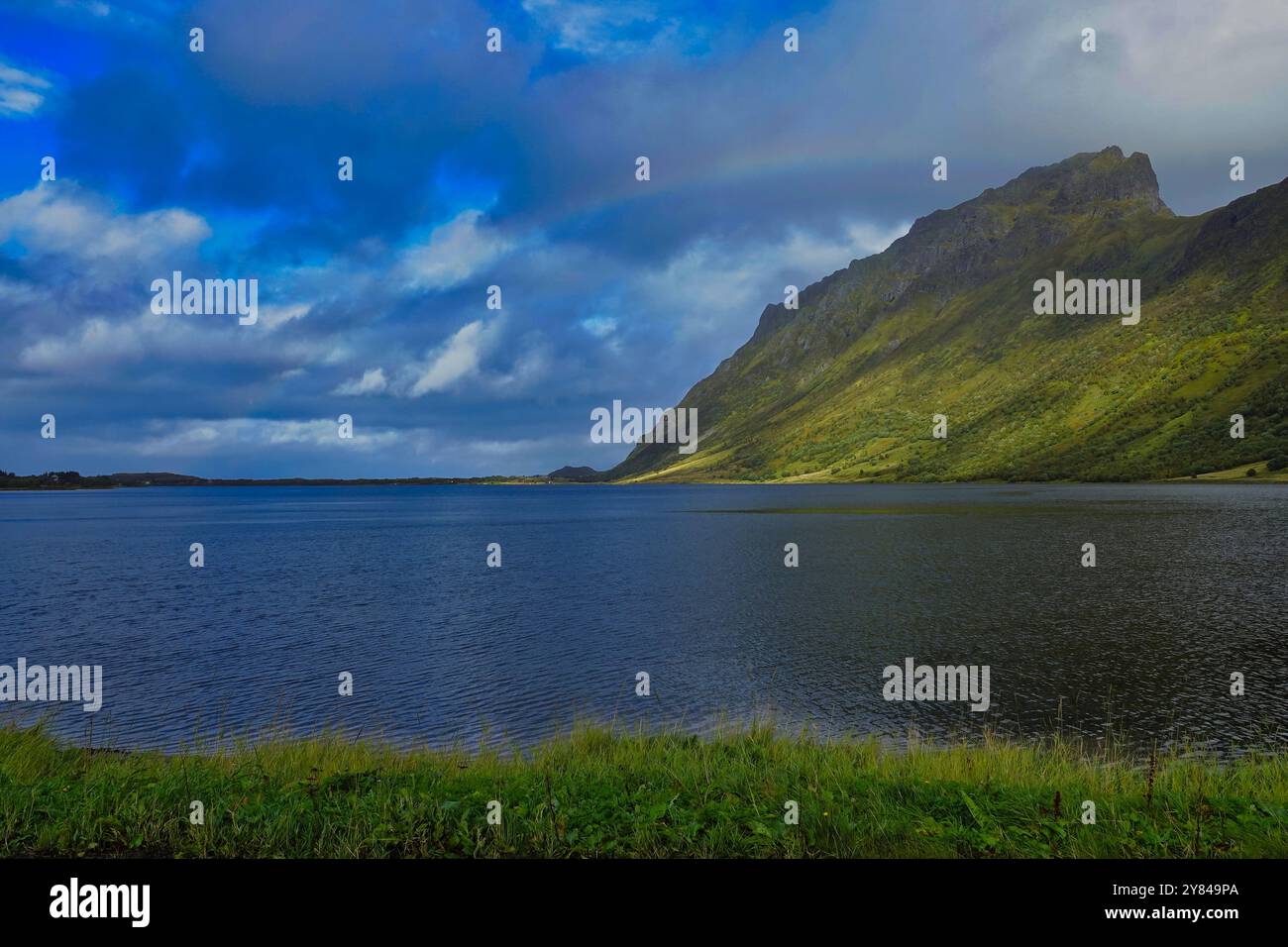 14th September, 2024 Lofoten Islands, Norway Gardneselva mountain sits ...