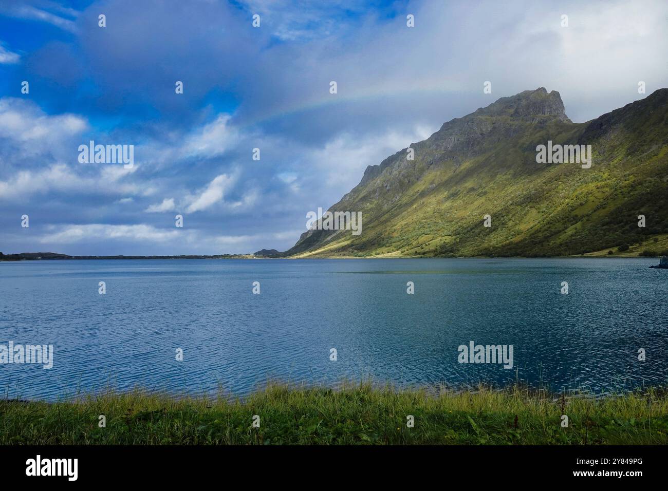 14th September, 2024 Lofoten Islands, Norway Gardneselva mountain sits ...