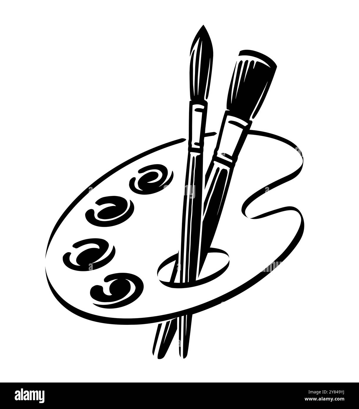 Paint brushes and palette. Artistic art, painting. Hand drawn sketch ...