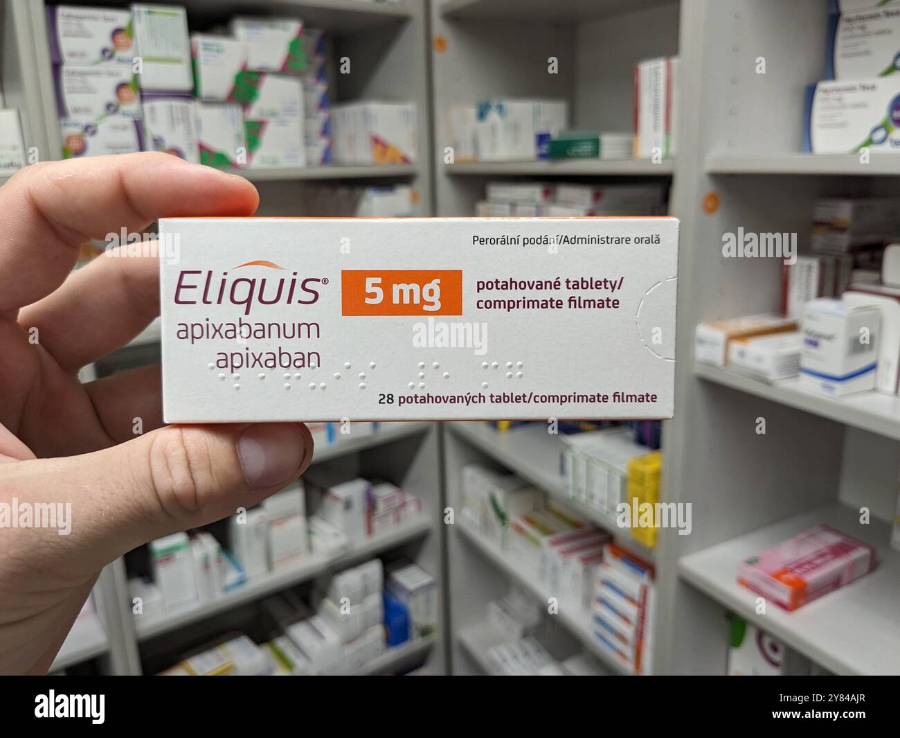 Prague,Czech Republic-March 1 2025: ELIQUIS box of tablets with ...