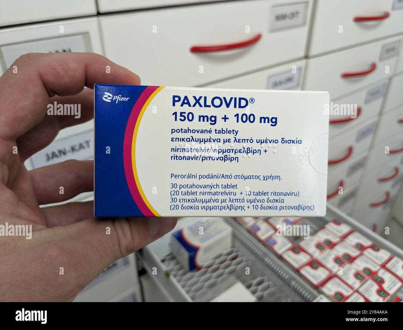 Paxlovid box of medication with active substance Nirmatrelvir and ...