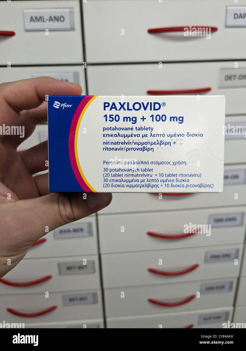 Paxlovid box of medication with active substance Nirmatrelvir and ritonavir combination for ...