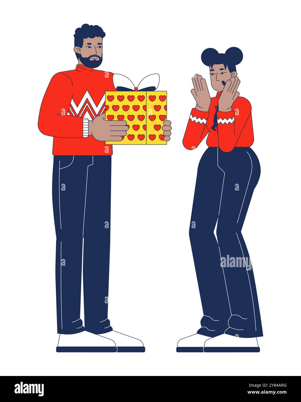 Matching sweaters couple giving gifts 2D cartoon characters Stock ...