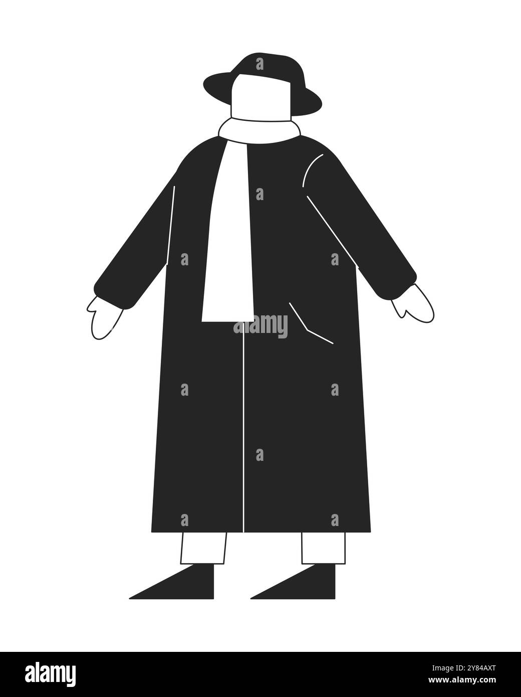 Winter coat woman in scarf knitted and felt hat black and white 2D line ...