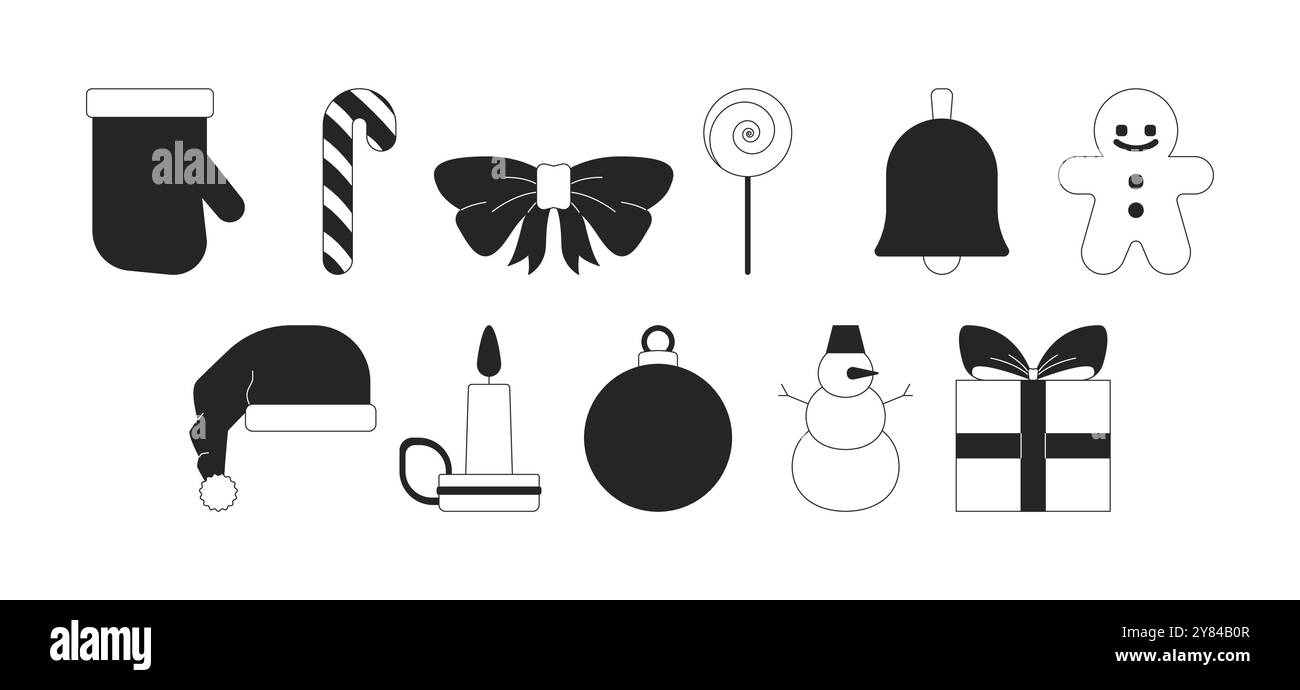 Christmas ornaments black and white 2D line objects set Stock Vector ...