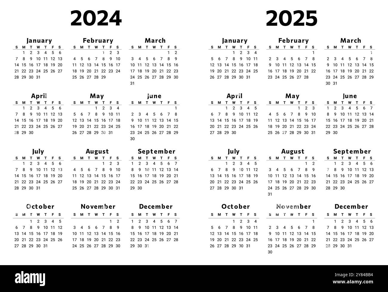 2024 and 2025 year english vector calendars with 12 months in black ...