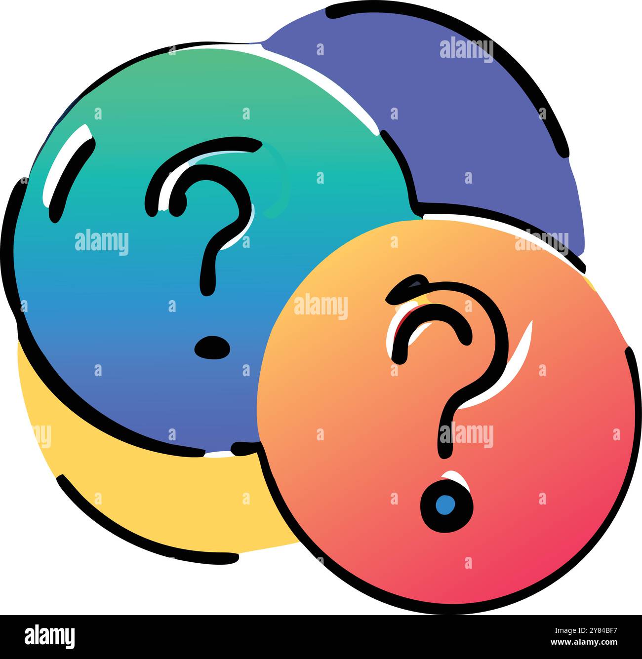 Colorful abstract icon featuring overlapping circles and question marks. symbolizing curiosity ...