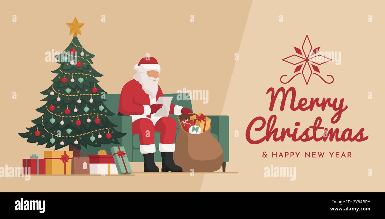 Happy Santa Claus sitting on the couch at home and putting Christmas ...