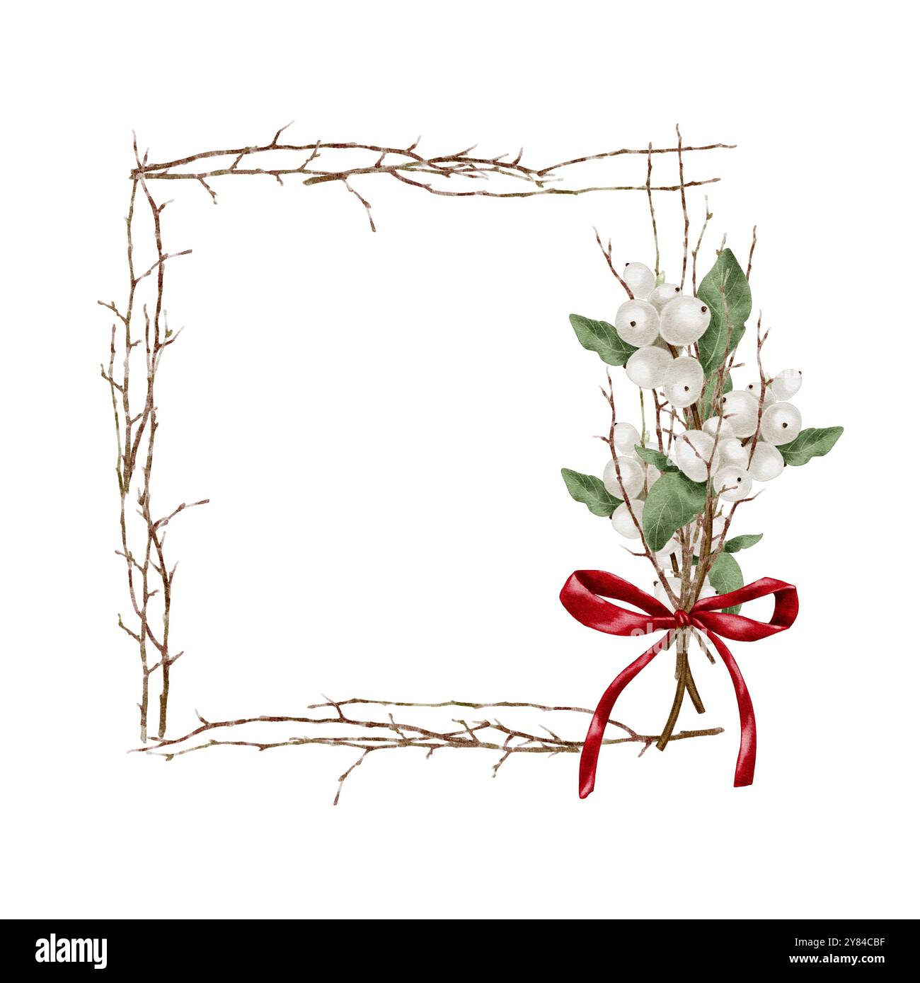 Christmas evergreen branches snowberry with red bow Watercolor frame on ...