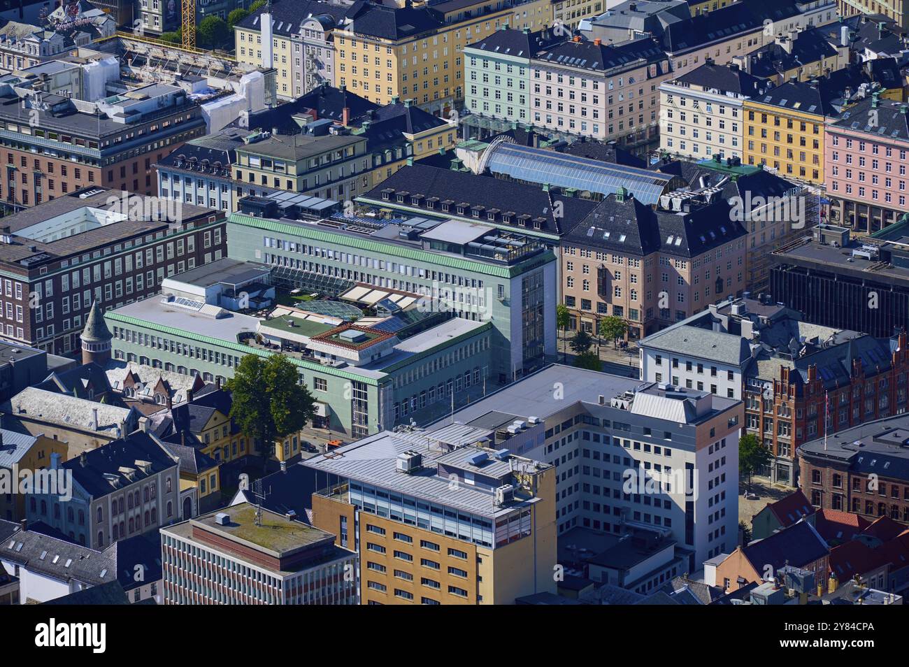 Aerial view of a city with densely packed buildings in different ...