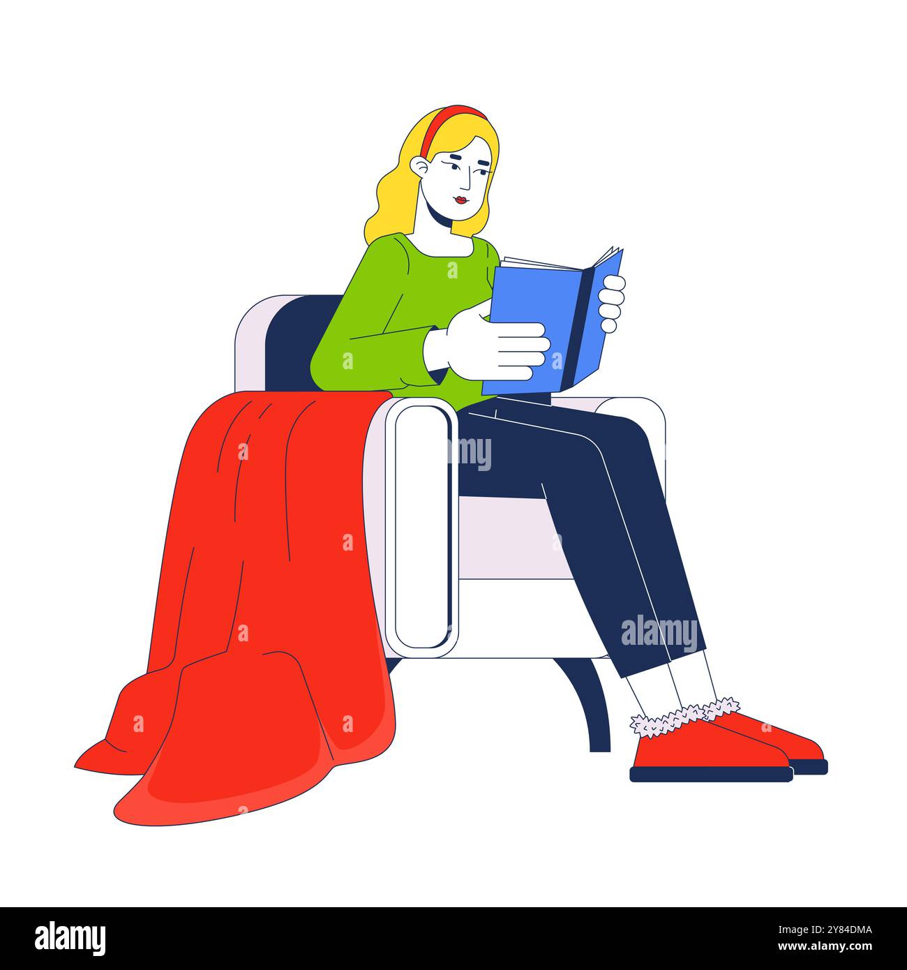 Blonde woman reading book in cozy armchair 2D cartoon character Stock ...
