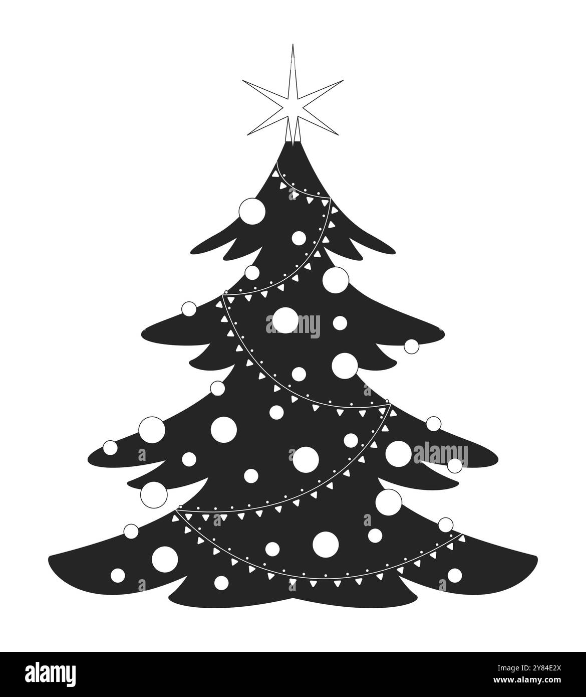 Star Christmas tree with string lights black and white 2D line object ...
